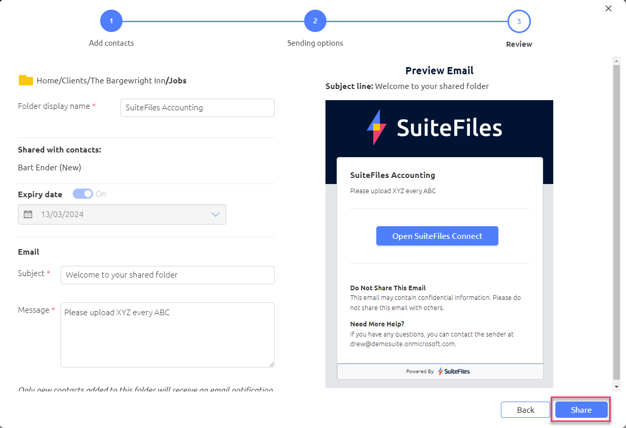 How do I create a connected folder to share with my client?