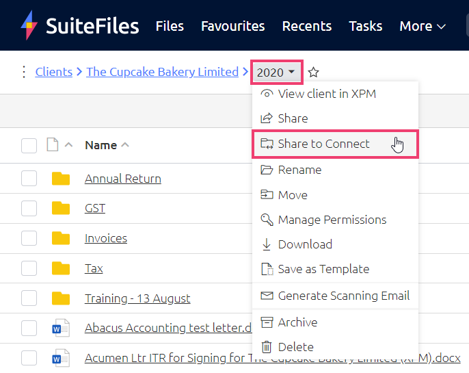 How do I create a connected folder to share with my client?