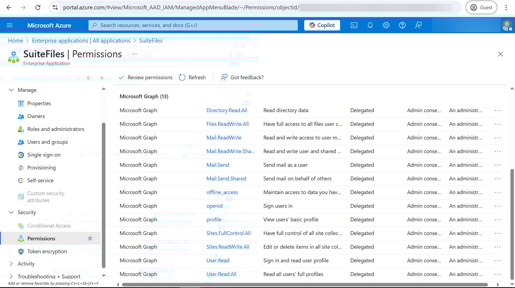 How to check which Microsoft App Permissions have been applied