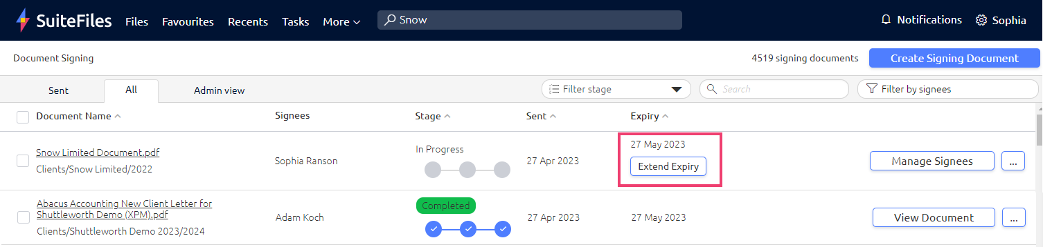 How do I extend the expiry on signing documents?