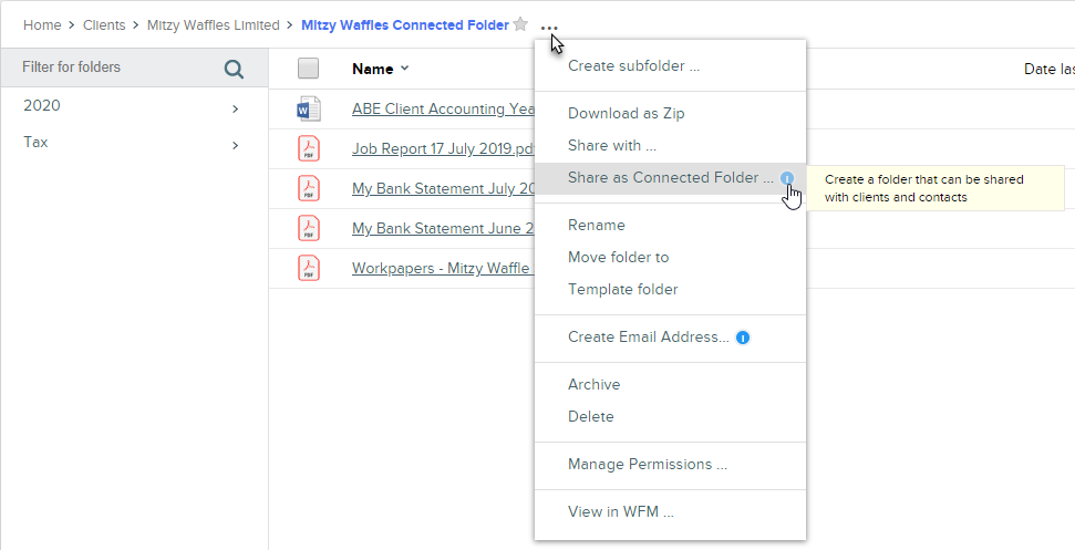 How do I create a connected folder to share with my client?
