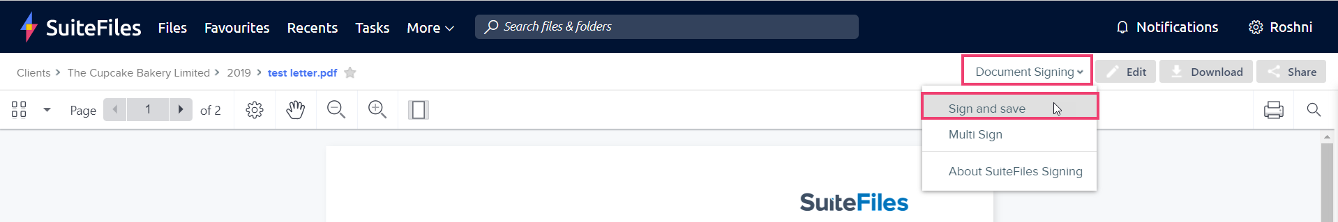 How do I sign a document myself and save it back to SuiteFiles? (Sign and save)